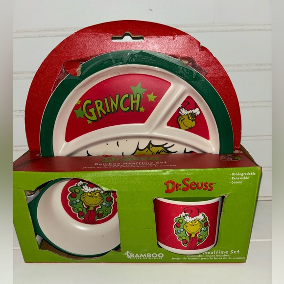 Bioworld | Dining | The Grinch 3 Piece Bamboo Mealtime Set Kids Dish ...